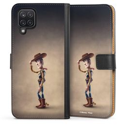 DeinDesign Galaxy A12 Handy Klapph&uuml;lle Handyh&uuml;lle aus Kunst Leder schwarz Flip Case Disney Pixar Toy Story Woody Sideflip mit langer Lasche