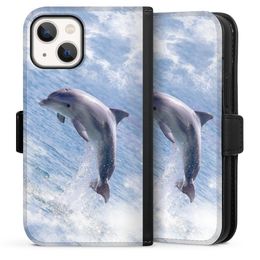 DeinDesign iPhone 13 Mini Handy Klapph&uuml;lle Handyh&uuml;lle aus Kunst Leder schwarz Flip Case Dolphin Ocean Wale Sideflip mit Lasche