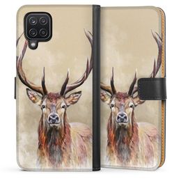DeinDesign Galaxy A12 Handy Klapph&uuml;lle Handyh&uuml;lle aus Kunst Leder schwarz Flip Case Animal Look Deer Reindeer Sideflip mit langer Lasche