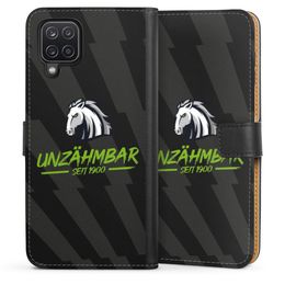 DeinDesign Galaxy A12 Handy Klapph&uuml;lle Handyh&uuml;lle aus Kunst Leder schwarz Flip Case Horse Borussia M&ouml;nchengladbach Official Licensed Product Sideflip mit langer 