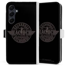 DeinDesign Galaxy A55 5G Handy Klapph&uuml;lle Handyh&uuml;lle aus Kunst Leder wei&szlig; Flip Case Rock Acdc Merchandise Sideflip mit Lasche