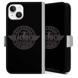 DeinDesign iPhone 14 Handy Klapph&uuml;lle Handyh&uuml;lle aus Kunst Leder wei&szlig; Flip Case Rock Acdc Merchandise Sideflip mit Lasche