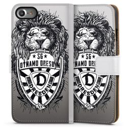 DeinDesign iPhone SE (2020) Handy Klapph&uuml;lle Handyh&uuml;lle aus Kunst Leder wei&szlig; Flip Case Lion Sgd Sg Dynamo Dresden Sideflip mit Lasche