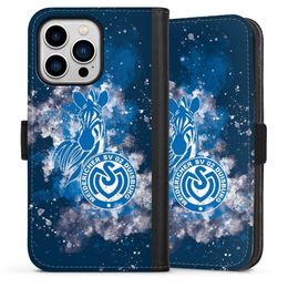 DeinDesign iPhone 13 Pro Handy Klapph&uuml;lle Handyh&uuml;lle aus Kunst Leder schwarz Flip Case Msv Duisburg Official Licensed Product Water Colour Sideflip mit Lasche