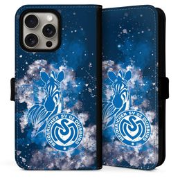 DeinDesign iPhone 16 Pro Handy Klapph&uuml;lle Handyh&uuml;lle aus Kunst Leder schwarz Flip Case Msv Duisburg Official Licensed Product Water Colour Sideflip mit Lasche