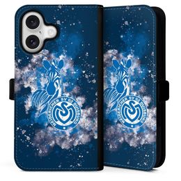 DeinDesign iPhone 16 Handy Klapph&uuml;lle Handyh&uuml;lle aus Kunst Leder schwarz Flip Case Msv Duisburg Official Licensed Product Water Colour Sideflip mit Lasche
