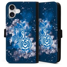 DeinDesign iPhone 16 Plus Handy Klapph&uuml;lle Handyh&uuml;lle aus Kunst Leder schwarz Flip Case Msv Duisburg Official Licensed Product Water Colour Sideflip mit Lasche