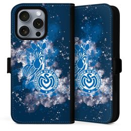 DeinDesign iPhone 16 Pro Max Handy Klapph&uuml;lle Handyh&uuml;lle aus Kunst Leder schwarz Flip Case Msv Duisburg Official Licensed Product Water Colour Sideflip mit 
