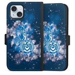 DeinDesign iPhone 15 Handy Klapph&uuml;lle Handyh&uuml;lle aus Kunst Leder schwarz Flip Case Msv Duisburg Official Licensed Product Water Colour Sideflip mit Lasche
