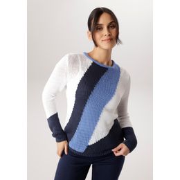 Damen Strickpulloverwei&szlig;, marine, hellblau, Gr. 46, Aniston SELECTED, gemustert, Strick, Obermaterial: 100% Polyacryl, Pullover, mit Rollkante am