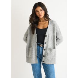 Grauer Strickcardigan mit aufgesetzten Taschen