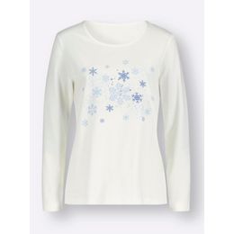 WITT Damen Langarmshirt mit Schneeflocken-Druck, ecru-eisblau, Gr&ouml;&szlig;e 42