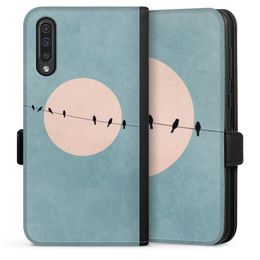 DeinDesign Galaxy A50 Handy Klapph&uuml;lle Handyh&uuml;lle aus Kunst Leder schwarz Flip Case Bird Turquoise Moon Sideflip mit Lasche
