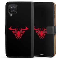 DeinDesign Galaxy A12 Handy Klapph&uuml;lle Handyh&uuml;lle aus Kunst Leder schwarz Flip Case Spiderman Marvel Logo Sideflip mit langer Lasche