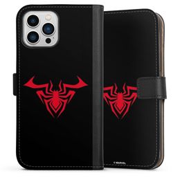 DeinDesign iPhone 13 Pro Max Handy Klapph&uuml;lle Handyh&uuml;lle aus Kunst Leder schwarz Flip Case Spiderman Logo Marvel Sideflip mit langer Lasche