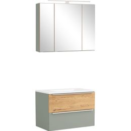 Badm&ouml;bel-Set Welltime, B:80cm H:200cm T:47cmschilfgr&uuml;n, MDF, Kastenm&ouml;bel-Sets, "TRIENT, Set: Spiegelschrank und Waschtisch", schilfgr&uuml;n/wildeiche,