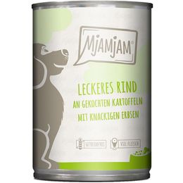 MjAMjAM leckeres Rind an gekochten Kartoffeln mit knackigen Erbsen Hunde-Nassfutter ohne Getreide 6x400g