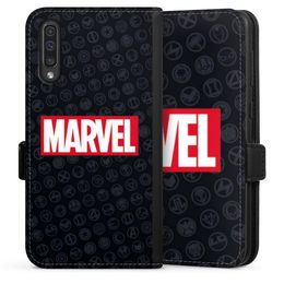 DeinDesign Galaxy A50 Handy Klapph&uuml;lle Handyh&uuml;lle aus Kunst Leder schwarz Flip Case Logo Marvel Comic Sideflip mit Lasche