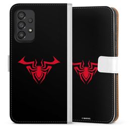 DeinDesign Galaxy A33 5G Handy Klapph&uuml;lle Handyh&uuml;lle aus Kunst Leder wei&szlig; Flip Case Marvel Logo Spiderman Sideflip mit Lasche