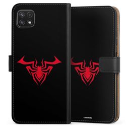 DeinDesign Galaxy A22 5G Handy Klapph&uuml;lle Handyh&uuml;lle aus Kunst Leder schwarz Flip Case Spiderman Marvel Logo Sideflip mit langer Lasche