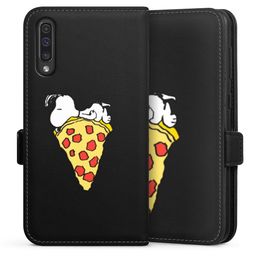DeinDesign Galaxy A50 Handy Klapph&uuml;lle Handyh&uuml;lle aus Kunst Leder schwarz Flip Case Peanuts Pizza Snoopy Sideflip mit Lasche