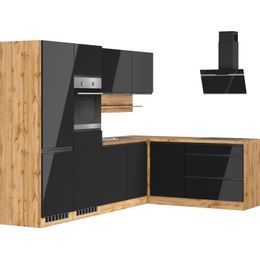 Winkelk&uuml;che KOCHSTATION, B:290cm H:200cm T:60cmk&uuml;che: schwarz, front: hochglanz schwarz, korpus: wotaneiche, arbeitsplatte: wotaneiche,