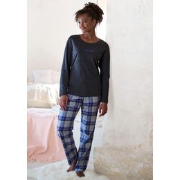 VIVANCE DREAMS BY LASCANA Pyjama blau Gr. 34 f&uuml;r Damen. Rundhals und Allover-Druck, Schriftzug. Nachhaltig.