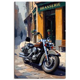 Wandbild Artland, B:60cm H:90cmfarbe bild(er): farbig, Wohnzimmer, Bilder, "Eine parkende Harley vor einem Brasserie", als Alubild, Leinwandbild,