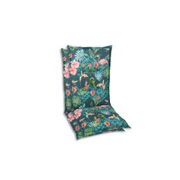 Sesselauflagenset, Blau, Gr&uuml;n, Rosa, Textil, 2-teilig, Flamingo, F&uuml;llung: Schaumstoff, Vlies, 50x7x120 cm, Oeko-Tex&reg; Standard 100, pflegeleicht, hochwertige Qualit&auml;t, langlebig, f&uuml;r den Au&szlig;enbereich geeignet, mittels B&auml;ndern zu befestigen, Gurtband befestigen, Outdoor-Kissen, Gartenstuhlauflagen, Hochlehner-Auflagen