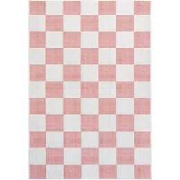 Lindorug Flachwebeteppich Mesio Jack, waschbar, Hellrosa, Grauwei&szlig;, Textil, Karo, rechteckig, 130x190 cm, Oeko-Tex&reg; Standard 100, f&uuml;r Fu&szlig;bodenheizung geeignet, rutschfest, in verschiedenen Gr&ouml;&szlig;en erh&auml;ltlich, wasserabweisend, schmutzabweisend, Hausstauballergiker feuchtraumgeeignet, stuhlrollengeeignet, waschbar, pflegeleicht, strapazierf&auml;hig, rei&szlig;fest, rutschfeste Unterfl&auml;che, vegan, Teppiche & B&ouml;