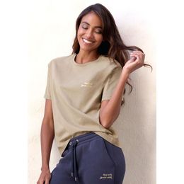 Lascana T-Shirt 'GoldenGinko152' beige Gr. 44/46 f&uuml;r Damen. Rundhals und Schriftz&uuml;ge, Drucke. Bequem. Nachhaltig.
