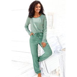 VIVANCE DREAMS BY LASCANA Pyjama Gr&uuml;n Gr. 48/50 f&uuml;r Damen. Rundhals und Stickerei. Bequem. Nachhaltig.