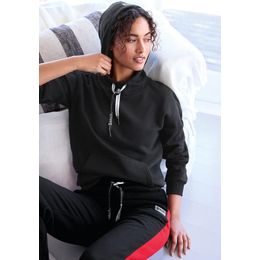 BENCH. LOUNGEWEAR Kapuzensweatshirt schwarz Gr. 36/38 f&uuml;r Damen. Ohne Ausschnitt und Logoschriftzug, Badge. Bequem. Nachhaltig.