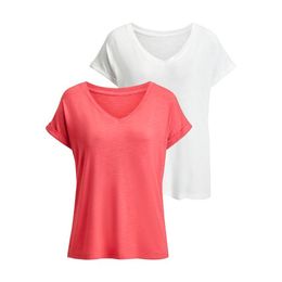 BEACHTIME BY LASCANA V-Shirt 'mit fixiertem &Auml;rmelumschlag' orange Gr. 40/42 f&uuml;r Damen. Mit V-Ausschnitt. Bequem. Nachhaltig.