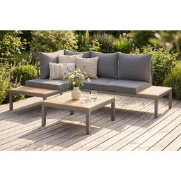 Ambia Garden Loungegarnitur, Braun, Grau, Teak, Holz, Metall, Akazie, vollmassiv, F&uuml;llung: Faserb&auml;llchen,Komfortschaum, L-Form, einzeln stellbar, 207x138 cm, Fsc, Bsci, Loungem&ouml;bel, Gartenlounge-Sets