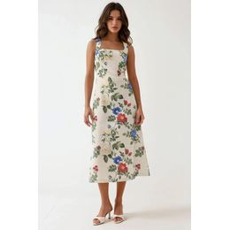 Leinen&auml;hnliches Allower Maxikleid mit Blumenmuster und elastischem Detail im R&uuml;cken