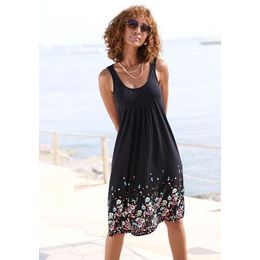 BEACHTIME BY LASCANA Strandkleid 'mit Blumenprint am Saum, lockeres H&auml;ngerchenkleid mit Zierfalten' schwarz Gr. 46 f&uuml;r Damen. Rundhals und Druck. 