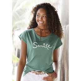 BEACHTIME BY LASCANA T-Shirt 'Smile' gr&uuml;n Gr. 44/46 f&uuml;r Damen. Rundhals und Statements/Spr&uuml;che, Print. Basic. Nachhaltig.