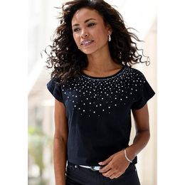 Lascana T-Shirt 'mit glitzerndem Frontprint' schwarz Gr. 32/34 f&uuml;r Damen. Mit Rundhals. L&auml;ssig Geschnitten. Nachhaltig.