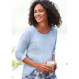 VIVANCE DREAMS BY LASCANA Pyjamaoberteil blau Gr. 44/46 f&uuml;r Damen. Rundhals und Schriftzug. Loose Fit. Nachhaltig.