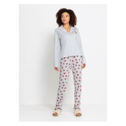 VIVANCE DREAMS BY LASCANA Pyjama blau Gr. 40/42 f&uuml;r Damen. V-Ausschnitt und Druck, Kontrastn&auml;hte, Logoschriftzug. Loose Fit