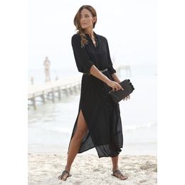 Lascana Hemdblusenkleid 'aus gekreppter Viskose, lang&auml;rmliger Strandkleid, leicht transparent' schwarz Gr. 36 f&uuml;r Damen. Mit Rundhals. Figurumspielend