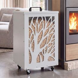 Pelletbeh&auml;lter MCW-Q30 B&auml;ume, Pelletbox Aufbewahrungsbox f&uuml;r z.B. Tierfutter, Rollen F&uuml;&szlig;e 64x36x36cm ~ wei&szlig;-hellgrau