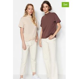 Trendyol 2er-Set: Shirts in Beige/ Dunkelbraun - 54% | Gr&ouml;&szlig;e M | Damen-tops