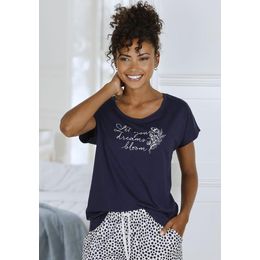 VIVANCE DREAMS BY LASCANA Pyjamaoberteil blau Gr. 32/34 f&uuml;r Damen. Rundhals und Print, Schriftzug. Loose Fit. Nachhaltig.