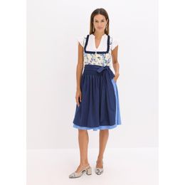 bonprix Dirndl mit bestickter Sch&uuml;rze (2-tlg.Set), blau, Gr.52, Modern und feminin: Dirndl mit Borte und Sch&uuml;rze aus gl&auml;nzendem Satin, mit seinem Allover-Druck macht es jedes Teil zu einem Unikat