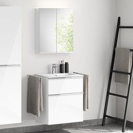 evineo ineo4 Unterschrank B: 61 cm, 2 Ausz&uuml;ge, mit Griff, Waschtisch wei&szlig;, mit Spiegelschrank f&uuml;r die Schweiz,, BE0834WH+BE0200WH+BEA040MI+BL001197,