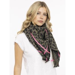 Zwillingsherz Damen Modetuch ""Zwillingsherz Leo""gr&uuml;n, Materialmix, Modet&uuml;cher, Leo Muster, Schriftzug, Fransenabschl&uuml;sse rundum, Wollanteil