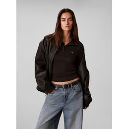Damen Langarmshirtschwarz, Gr. M, Calvin Klein Jeans, unifarben, Jersey, Obermaterial: 95% Baumwolle, 5% Elasthan, Shirts, Kragen mit Knopfleiste,