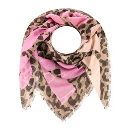 Zwillingsherz Damen Modetuch ""Fearless""beige, Baumwollmischung, Modet&uuml;cher, Schriftzug, Leomuster All-Over, Fransenabschl&uuml;sse rundum